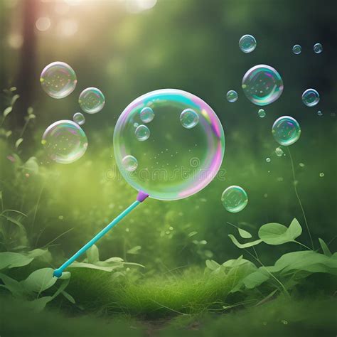 Bubble Wand Flying Across Green Nature Backdrop Generated By Ai Stock Illustration