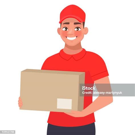 택배 우편으로 배송 됩니다 빨간 유니폼에 배달 남자는 그의 손에 골 판지 상자를 보유 개념에 대한 스톡 벡터 아트 및 기타 이미지 개념 나름 남자 Istock