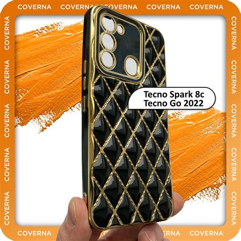 Чехол противоударный со стеганой глянцевой поверхностью и золотой рамкой на Tecno Spark 8c Go