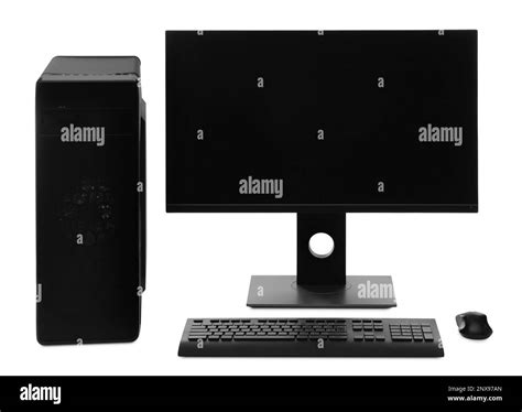 Modern Computer Monitor With Black Screen System Unit Keyboard And