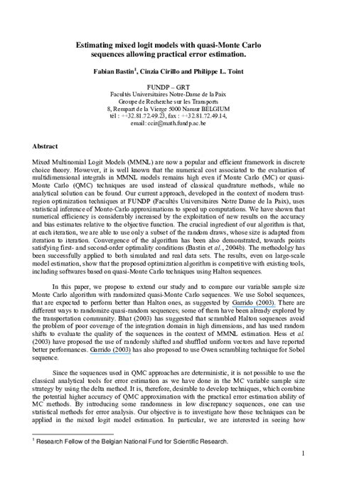Pdf Estimating Mixed Logit Models With Quasi Monte Carlo Sequences Allowing Practical Error