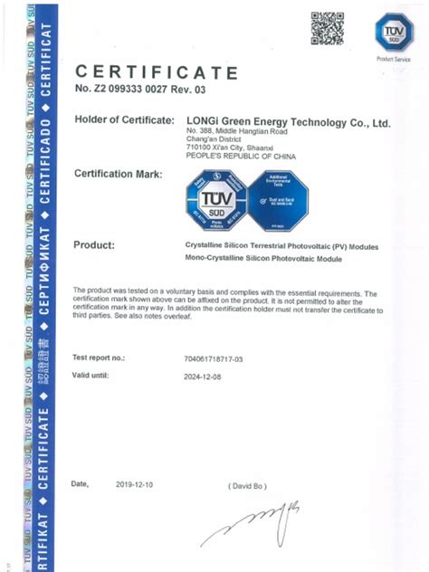 Certificado Módulos Longi Pdf Photovoltaics Solar Panel