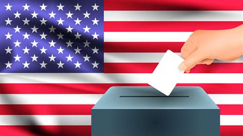 남성 손은 미국 국기의 배경에 대한 투표 용지의 상징으로 표시와 종이의 흰색 시트를 내려 놓고 미국의 선거의 상징 선거에 대한 스톡 벡터 아트 및 기타 이미지 Istock