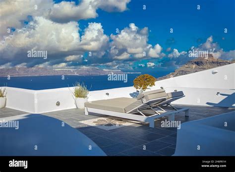 Santorini Island Oia Caldera Scene Two Sun Beds Loungers Amazing Sunny Sea View Horizon