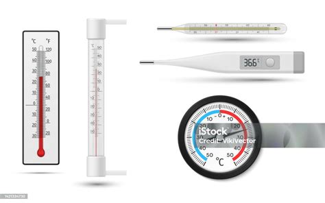 온도계는 사실적인 벡터 일러스트레이션을 설정합니다 온도 결정을 위한 도구 온도계에 대한 스톡 벡터 아트 및 기타 이미지 온도계 3차원 형태 사실주의 Istock