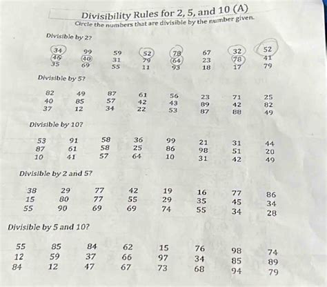 Solved Divisibility Rules For 2 5 And 10 A Circle The Numbers That Are Divisible By The