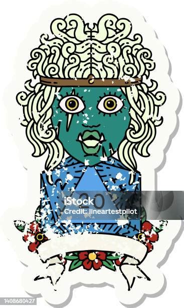 하프 오크 야만인 캐릭터와 자연스러운 20 주사위 롤 일러스트 굴리기에 대한 스톡 벡터 아트 및 기타 이미지 굴리기 도깨비