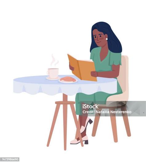책을 읽고 혼자 커피를 마시는 예쁜 여자 세미 플랫 컬러 벡터 캐릭터 2차 도형에 대한 스톡 벡터 아트 및 기타 이미지 2차