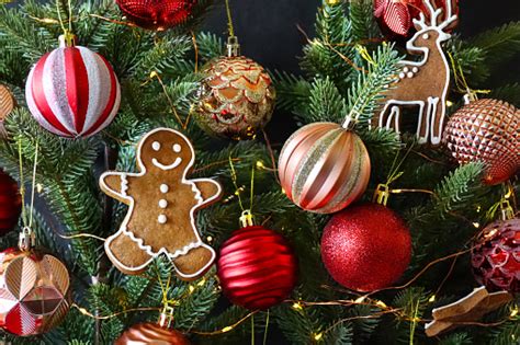 진저 브레드 남자와 순록 비스킷의 클로즈업 이미지 흰색 왕실 장식으로 장식 빨간색과 구리 Baubles로 둘러싸인 크리스마스 트리의 가문비 나무 바늘에 매달려 전경에 초점을