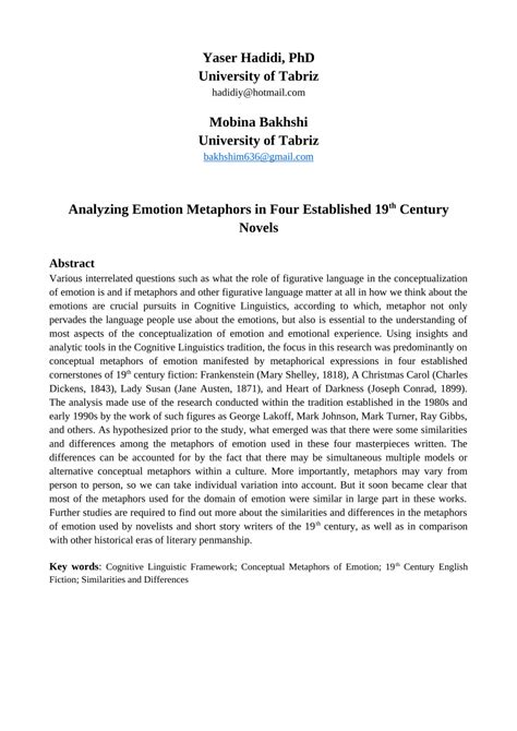 Pdf Analyzing Emotion Metaphors In Four Established 19th Century Novels