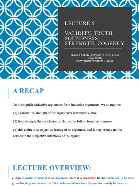 Lecture 5 Validity Truth Soundness Strength Cogency Pdf Argument Deductive Reasoning