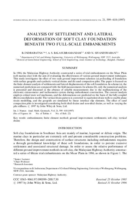 Pdf Analysis Of Settlement And Lateral Deformation Of Soft Clay Foundation Beneath Two Full