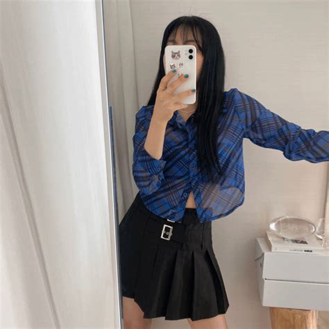 크롭 체크 시스루 캔지셔츠 에이블리