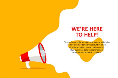 우리는 도움을 드리기 위해 여기 있습니다 확성기로 배너 말풍선 배너를 도와드리기 위해 여기 있습니다 소매 쇼핑 온라인 마케팅 템플릿 배너 포스터 및 배경에 대 한 벡터 그림