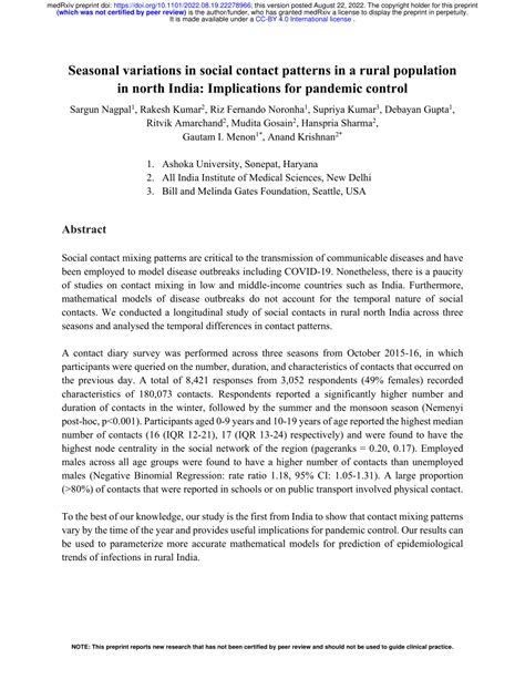 Pdf Seasonal Variations In Social Contact Patterns In A Rural