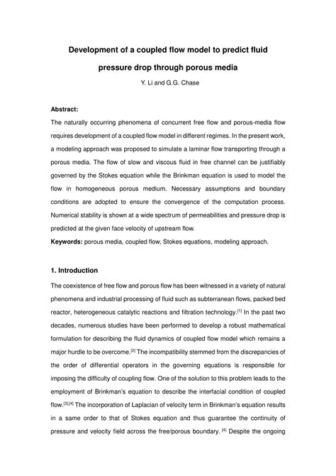 Pdf Development Of A Coupled Flow Model To Predict Fluid Pressure Drop Through Porous Media