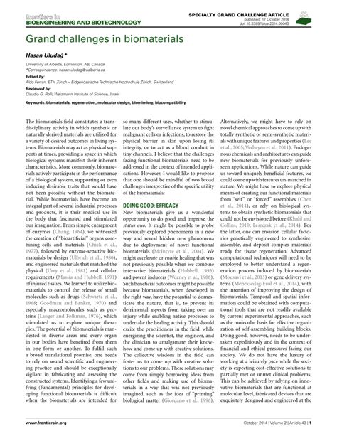Pdf Grand Challenges In Biomaterials