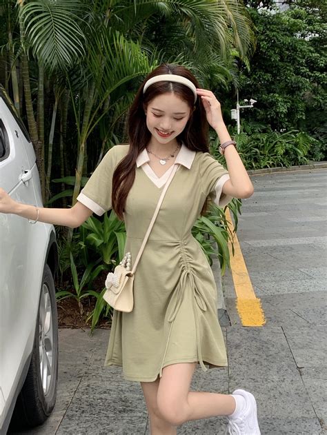 하프닌 그린블랙 메리트 셔링 리본 언발 카라 라인 배색 러블리 유니크 A라인 데이트룩 데일리 꾸안꾸 봄 여름 반팔 미니 원피스