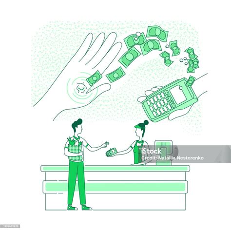 인간의 손 얇은 라인 개념 벡터 일러스트에 스마트 임플란트 웹 디자인용 슈퍼마켓 체크아웃 점원 및 고객 2d 만화 캐릭터