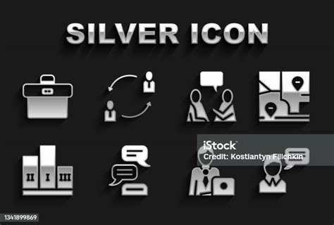 설정 음성 버블 채팅 위치와 접힌지도 사업가 우승자 연단을 통해 상 두 앉아 남자 이야기 서류 가방과 인적 자원 아이콘 벡터 Brand Name Online