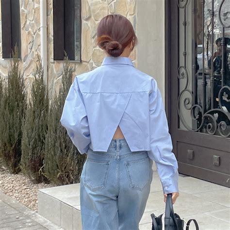 제이앤로제 퍼비 뒷트임 크롭 셔츠 봄가을루즈핏오버핏박시남방블라우스긴팔면숏뒤트임트임카라무지기본유니크하객하객룩