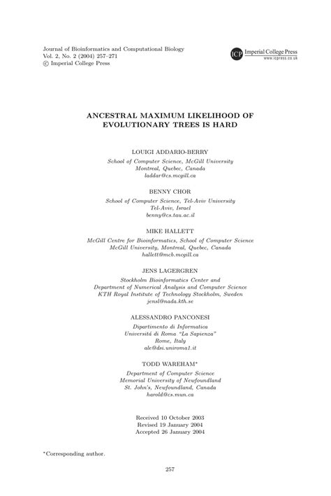 pdf ancestral maximum likelihood of evolutionary trees is hard