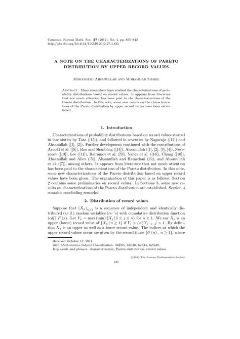 Pdf A Note On The Characterizations Of Pareto Distribution By Upper Record Values