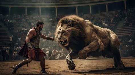 Premium Photo Gladiator Faces A Ferocious Beast In An Epic Coliseum