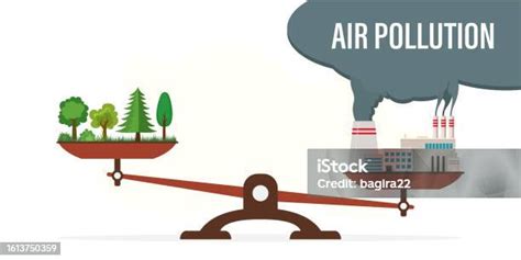 녹색 숲과 큰 불균형 규모의 산업 더러운 배출물이있는 공장 높은 대기 오염 생태 문제 환경을 오염시키는 생산 지속 가능한 개발이 아닙니다 0명에 대한 스톡 벡터 아트 및