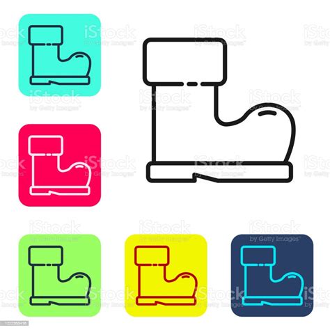 흰색 배경에 격리 된 검은 색 라인 방수 고무 부팅 아이콘입니다 비오는 날씨 낚시 원예용 검부츠 색상 정사각형 버튼으로 아이콘을 설정합니다 벡터 일러스트레이션 가을에 대한