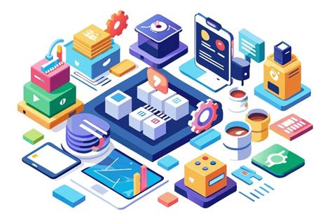 Isometric Illustration Of A Modern Office Workspace With Various Tech Devices Coffee Mugs And