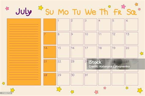 달력 2024 7월 낙서 히피 스타일의 날짜와 메모가 있는 복고풍 여름 플래너 1970 1979 년에 대한 스톡 벡터 아트 및