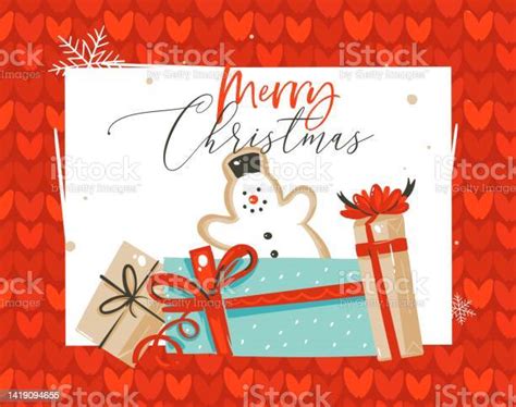 손으로 그린된 벡터 재미 메리 크리스마스 시간 만화 그림 인사말 카드 눈사람 진저 쿠키를 추상화 하 고 깜짝 선물 상자 레드