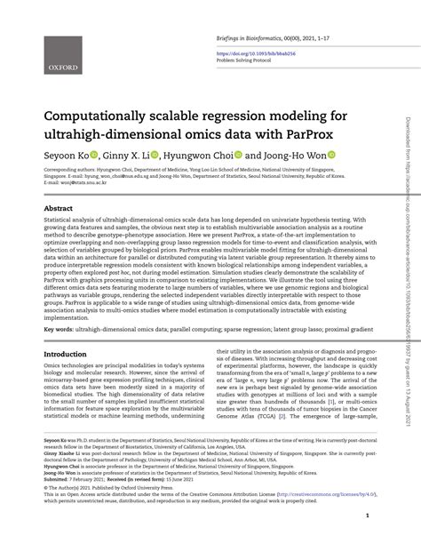Pdf Computationally Scalable Regression Modeling For Ultrahigh Dimensional Omics Data With Parprox