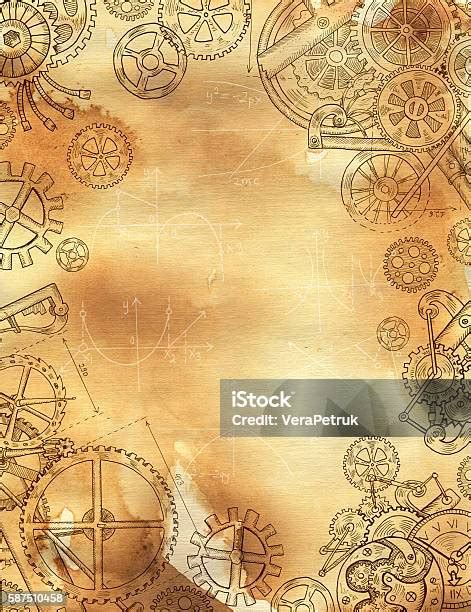 텍스처 배경에 기계 부품 기어 및 톱니바퀴가 있는 프레임 스팀펑크에 대한 스톡 벡터 아트 및 기타 이미지 스팀펑크 배경