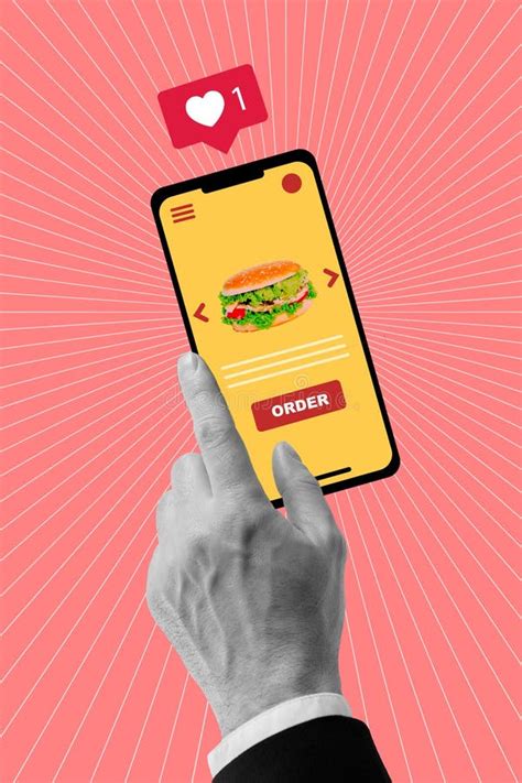 Retro Abstract Creative Artwork Template Collage Of Hand Finger Click Order Food Tasty Burger