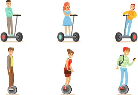 하나 또는 두 개의 바퀴와 자기 균형 스쿠터를 타고 젊은 남자와 여자 현대 개별 전기 도시 교통 벡터 일러스트 개체 그룹에 대한 스톡 벡터 아트 및 기타 이미지 Istock