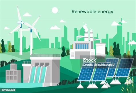 깨끗하고 지속 가능한 세상을 위해 재생 에너지는 바이오 발전소 수력 발전소 풍력 터빈 및 태양 전지와 같은 오염을 줄이는 데 사용됩니다 태양 에너지에 대한 스톡 벡터 아트