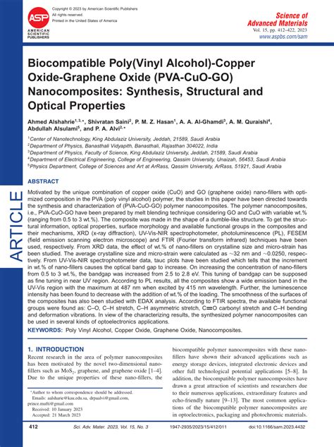Pdf Biocompatible Polyvinyl Alcohol Copper Oxide Graphene Oxide Pva Cuo Go Nanocomposites