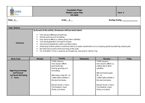 Life Skills Lesson Plans Grade 2 Week 2 1 Foundation Phase Weekly