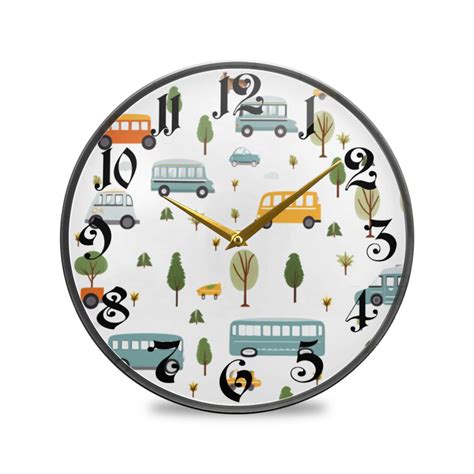 9 5 Round Silent Wall Clocks Bus Cute Vehicle Acrylic Battery Operated Clock Non Ticking Clocks