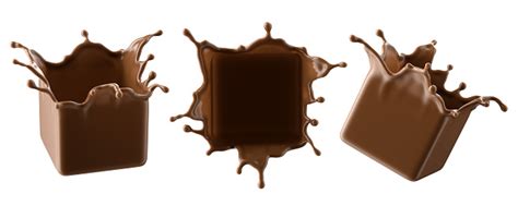 3d 렌더 박스 모양 초콜릿 스플래시 컬렉션 카카오 음료 또는 커피 튀김 요리 재료 흰색 배경에 격리 된 추상 갈색 액체 클립 아트 세트 초콜릿에 대한 스톡 사진 및 기타