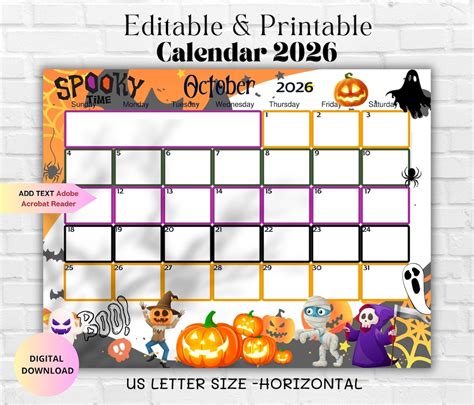 Editable October 2026 Calendar Cute Spooky Halloween 2026 Planner