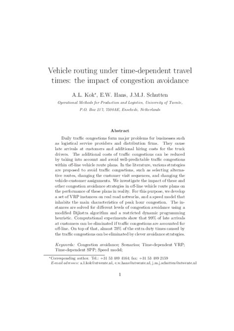 Pdf Vehicle Routing Under Time Dependent Travel Times The Impact Of Congestion Avoidance
