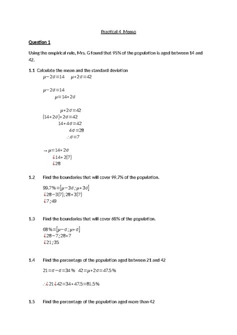 Practical Memo Practical Memo Question Using The Empirical Rule Mrs G Found That