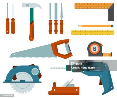 수리 및 시공 작업 도구 아이콘 세트입니다 망치 롤 미터 수동 톱 끌 통치자 연필 핸드 드릴 전기 톱 드라이버 목수 비행기 등과 같은 목공 장비 플랫 벡터 Diy에 대한