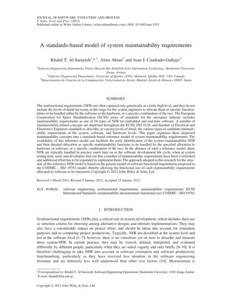 Pdf A Standards Based Model Of System Maintainability Requirements