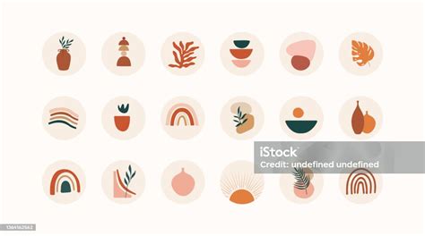 손으로 그린 인스타그램 스토리 하이라이트 중반 세기 요소 무지개 잎 태양 식물 로고 인스타 하이라이트 블로거아이콘을 위한 최소한의 추상 벡터 일러스트레이션 유기농에 대한