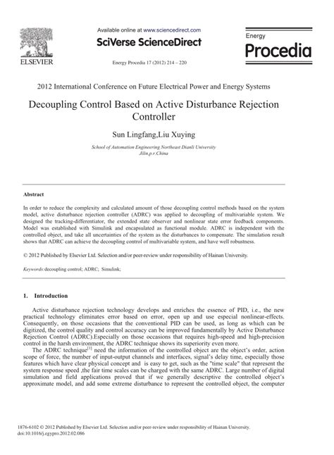 Pdf Decoupling Control Based On Active Disturbance Rejection Controller