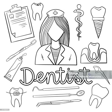 벡터 그림입니다 치과 의사 도구 세트 칫솔 임플란트 치과 교정기 붙여 넣기 치과 의사 도구 개요 아이콘벡터 일러스트 레이 션 감정에 대한 스톡 벡터 아트 및 기타 이미지